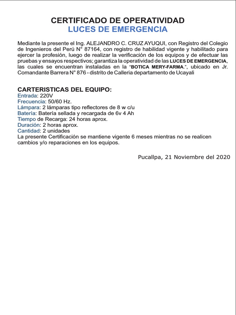 Certificado Operatividad Luces de Emergencia | PDF