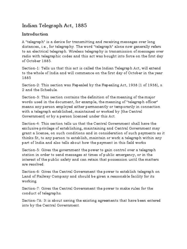 Indian Telegraph Act, 1885 | PDF | Telegraphy | Article One Of The ...