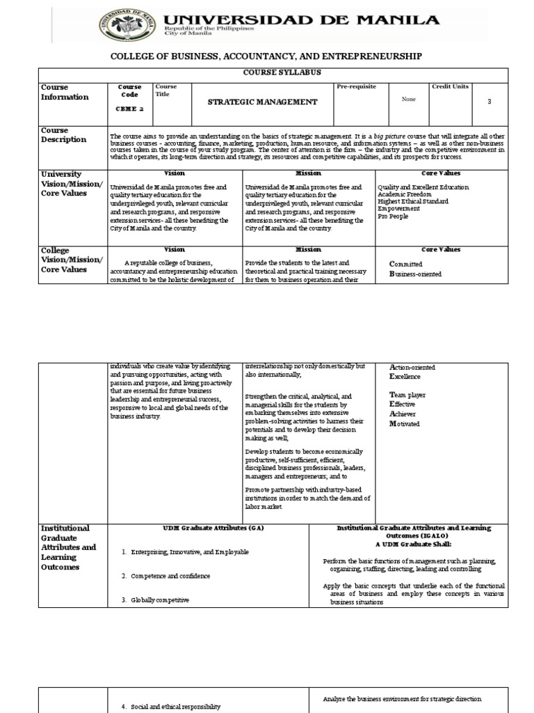 Strategic Management Course Syllabus | PDF | Strategic Management ...