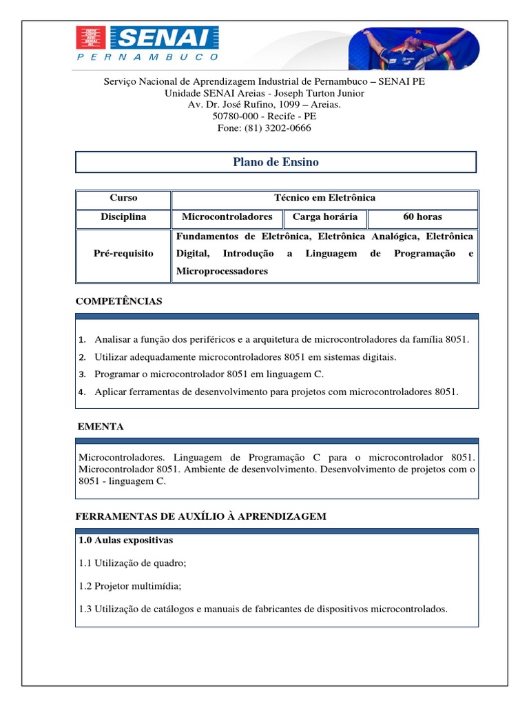 Plano de Aula Senai Antonio PDF Free | PDF | Microcontrolador | Bens manufaturados