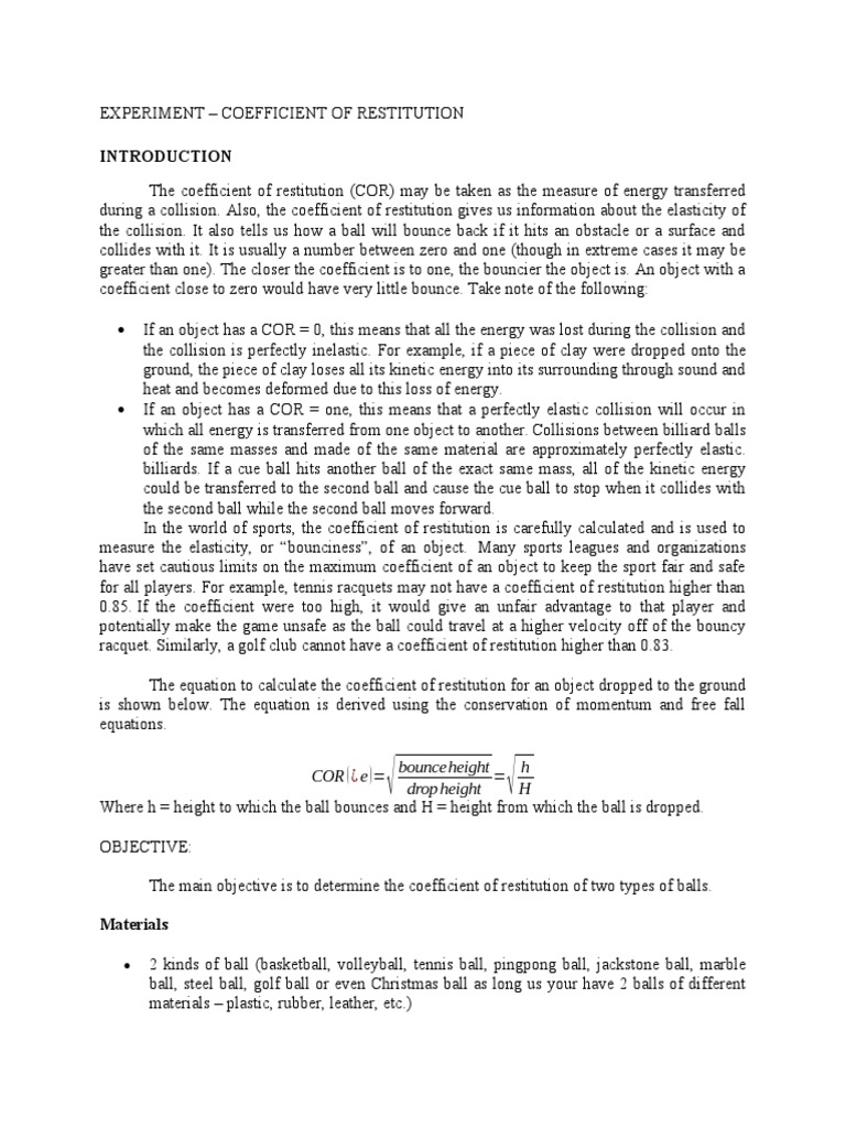 Experiment Coefficient of Restitution | PDF | Collision | Metrology