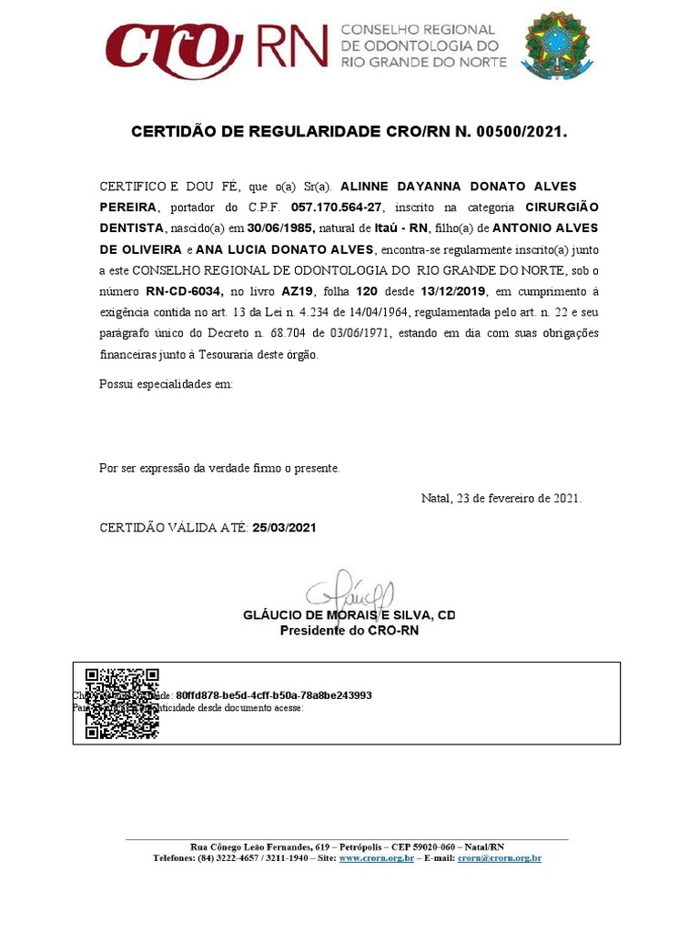 Certidão de Regularidade Cro/Rn N. 00500/2021 | PDF