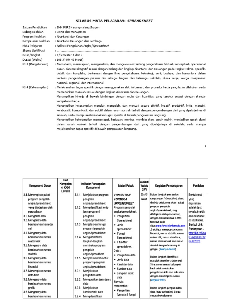 SILABUS APLIKASI PENGOLAH ANGKA SPREADSHEET KELAS X P Ahsan | PDF