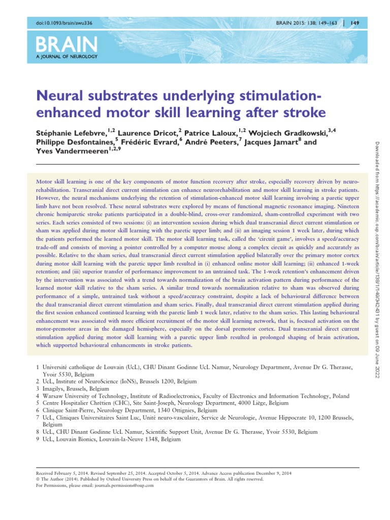Neural Substrates Underlying Stimulation Enhanced Motor Skill Learning After Stroke Pdf
