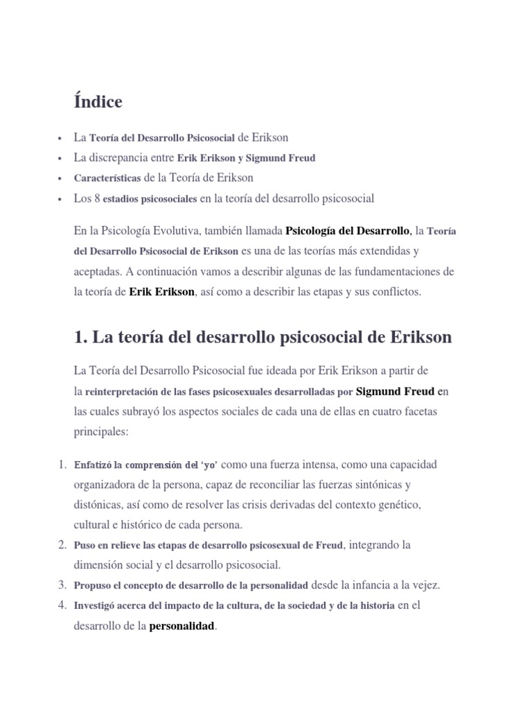 Teoría Psicosocial de Erikson: 8 Etapas | PDF | Sicología | Psicología del desarrollo