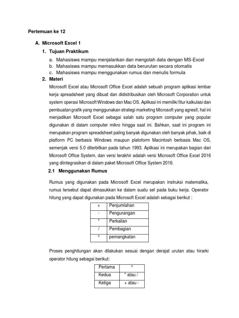 Modul Praktikum PTI 2021 - 12 - Microsoft Excel 1 | PDF