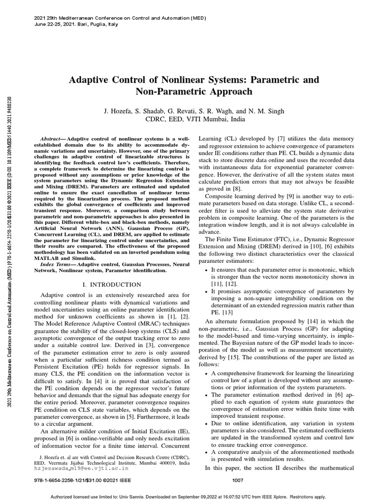 Adaptive Control Of Nonlinear Systems Parametric And Non Parametric Approach Pdf Regression