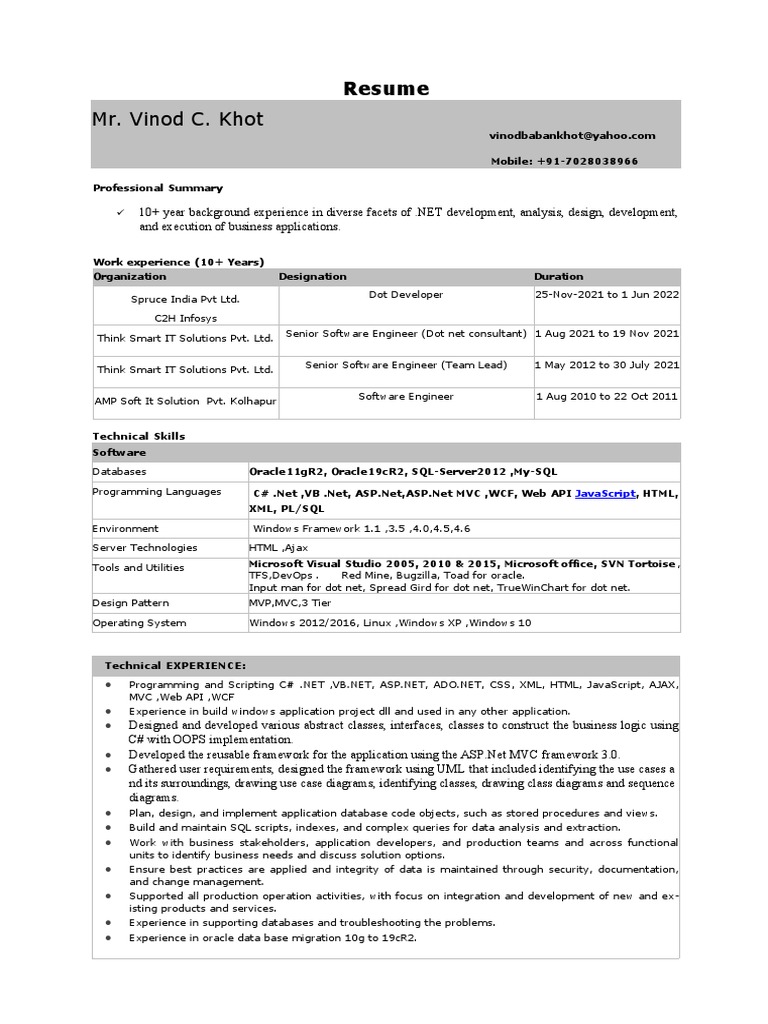 .NET Developer Resume - Vinod C. Khot | PDF | Databases | Microsoft Visual Studio