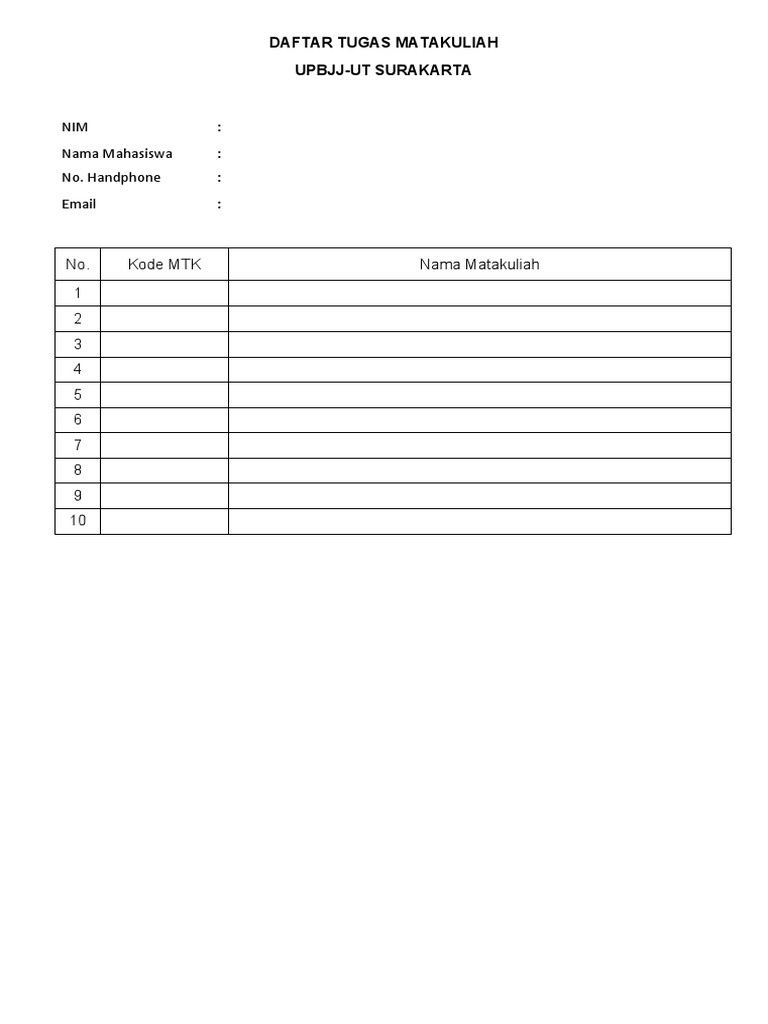 NIM: Nama Mahasiswa: No. Handphone: Email:: Daftar Tugas Matakuliah ...
