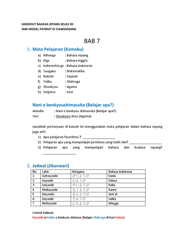 HANDOUT BAHASA JEPANG KELAS XII Bab 7 | PDF | Perjalanan | Seni & Disiplin Bahasa