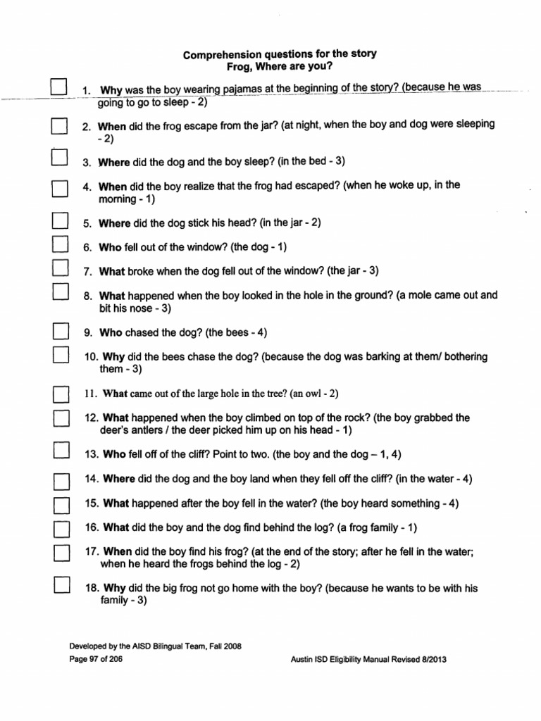 Frog, Where Are You? Comprehension Questions | PDF | Speech | Beehive
