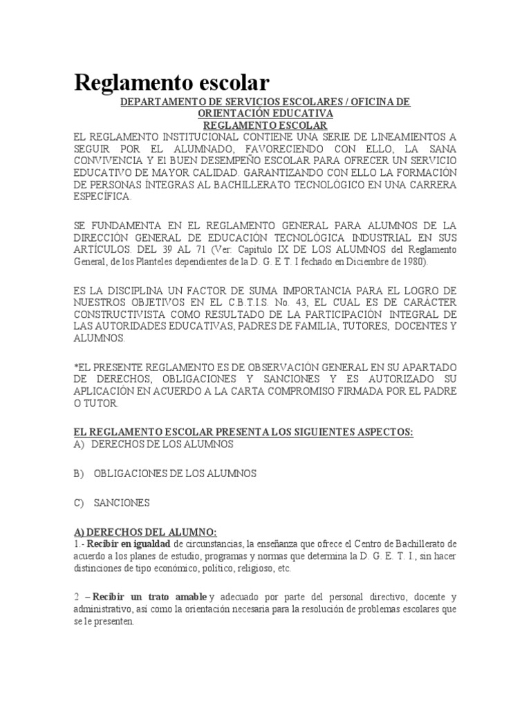 Reglamento Escolar | PDF