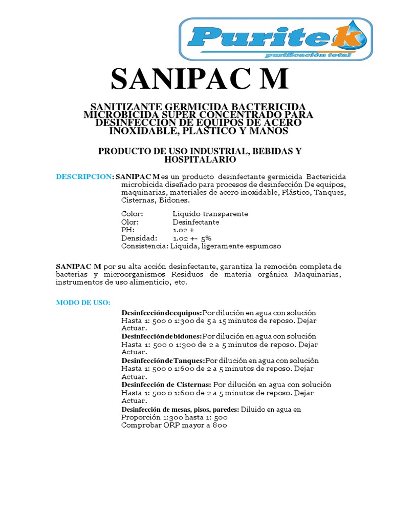 Desinfectante Germicida Sanipac M | PDF | Agua | Química