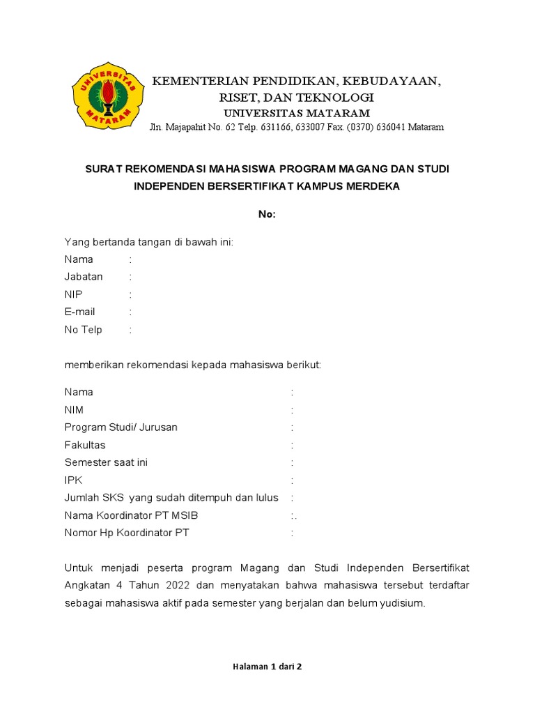 Surat Rekomendasi PT Untuk Mahasiswa Program MSIB4 | PDF