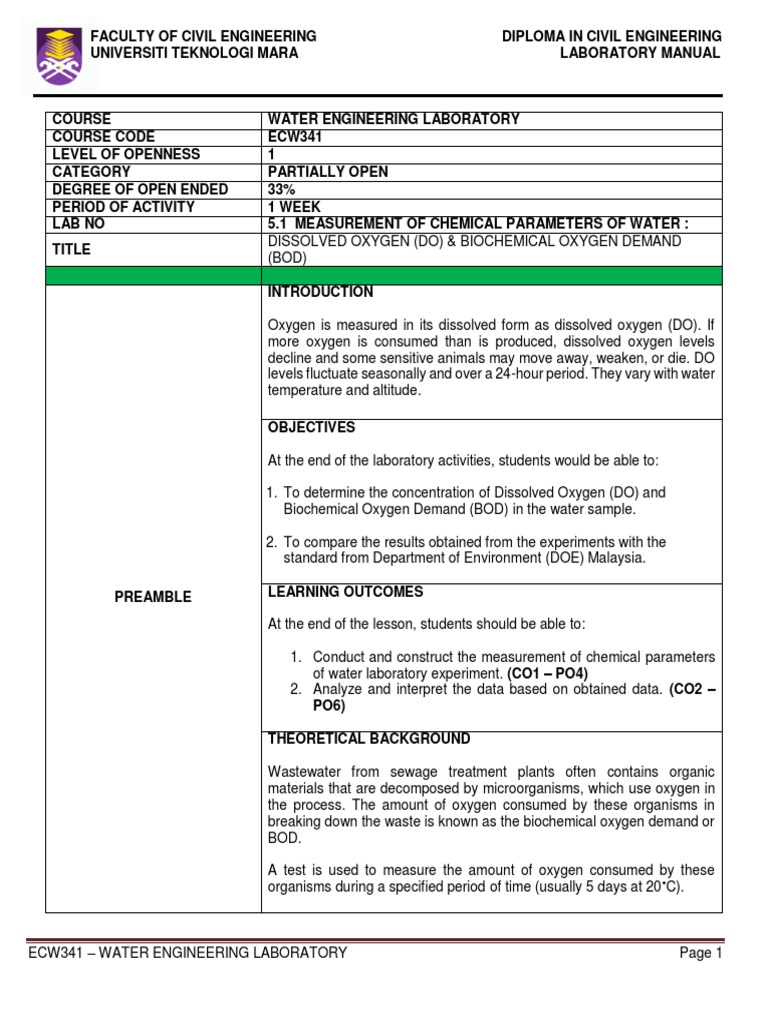 BOD Measurement Laboratory Manual | PDF | Chemistry | Physical Sciences