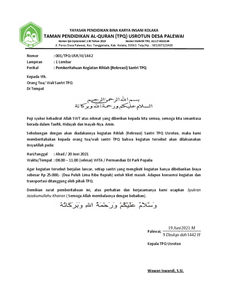 Surat Pemberitahuan Rihlah TPQ | PDF