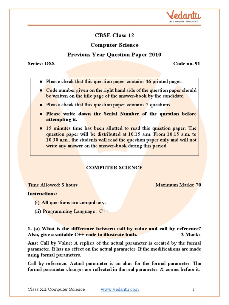 CBSE Class 12 Computer Science Question Paper 2010 With Solutions | PDF ...