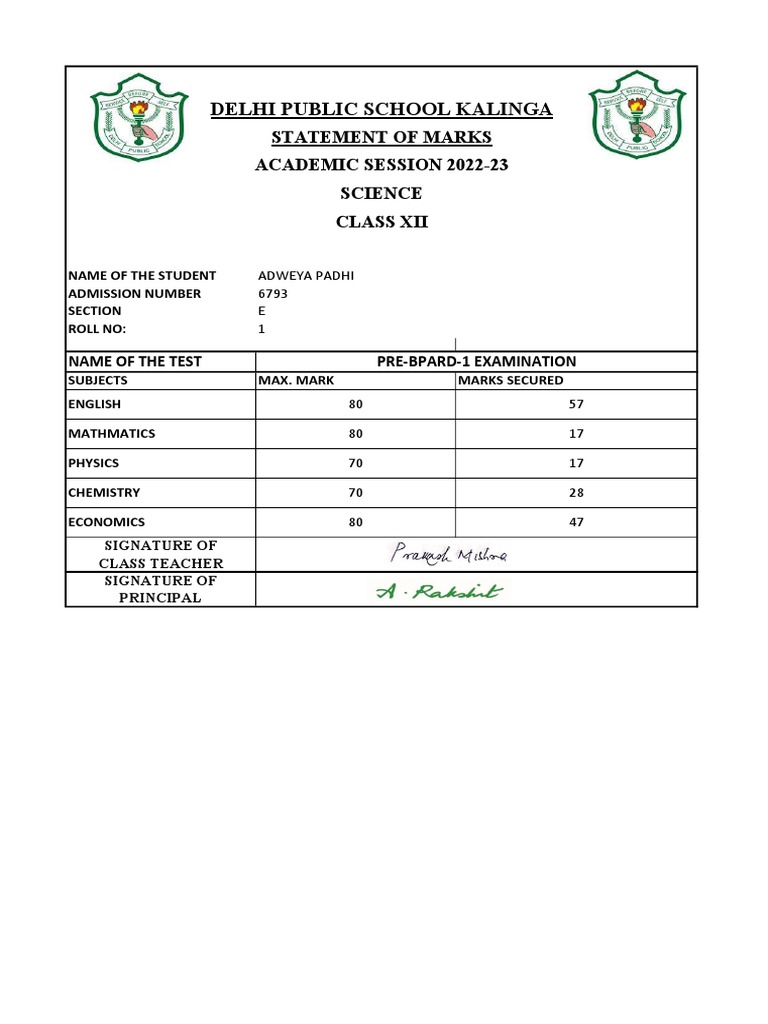 Delhi Public School Kalinga: Statement of Marks Academic Session 2022 ...