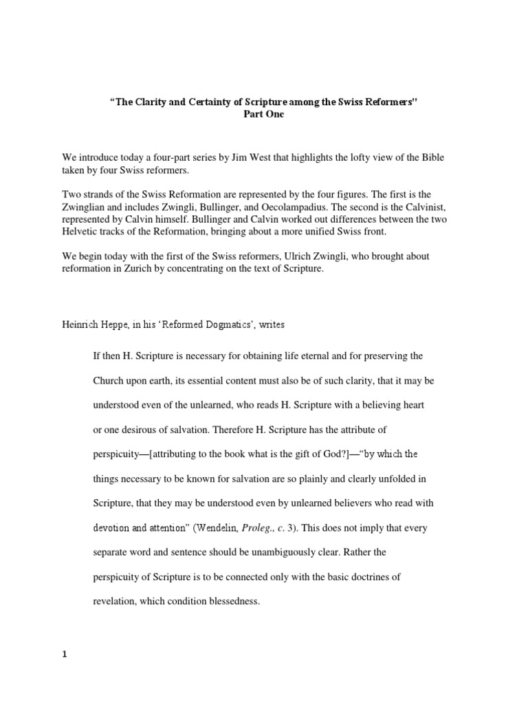 Clarity and Certainty in Swiss Scripture | PDF | Bible | Calvinism