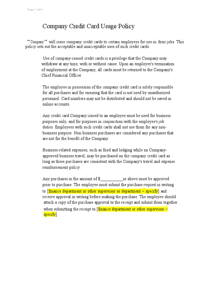 Sample Company Credit Card Usage Policy | PDF | Credit Card | Credit