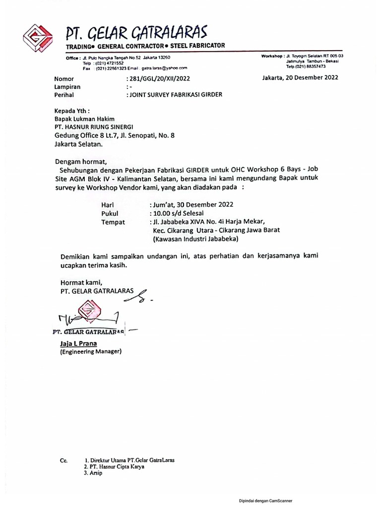 Surat Undangan Joint Survey Fabrikasi Girder | PDF