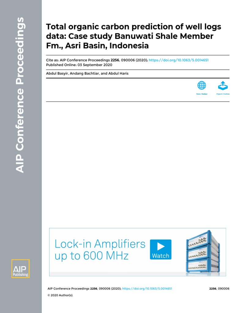 Total Organic Carbon Prediction of Well Logs Data - Case Study Banuwati Shale Member FM., Asri ...