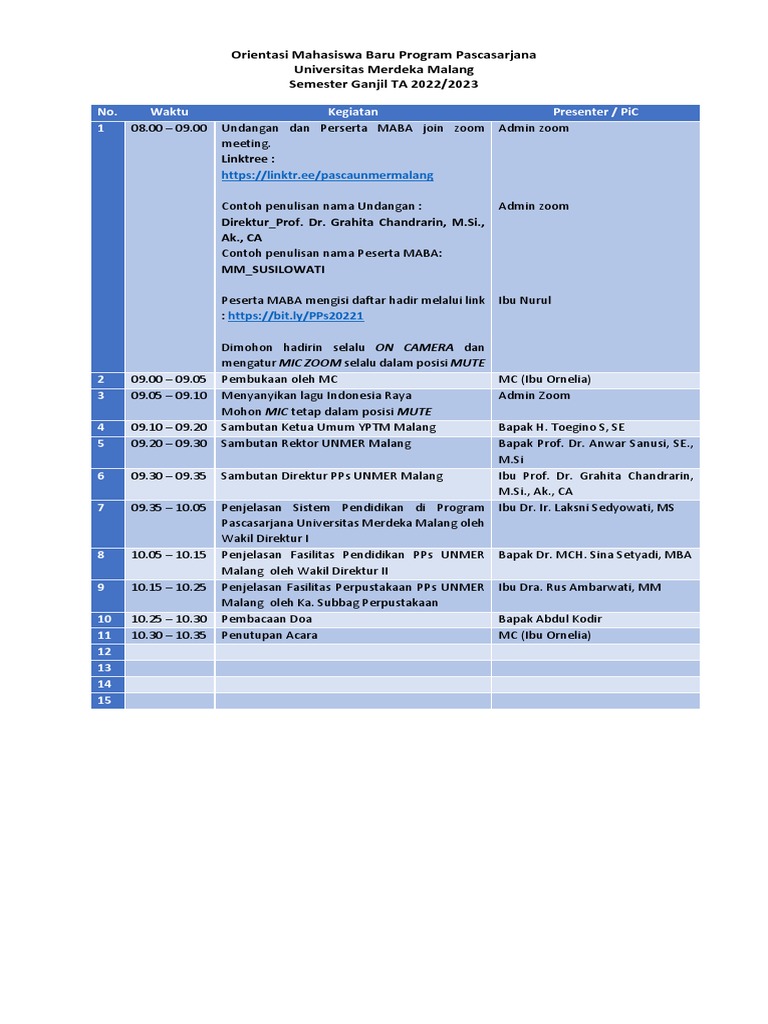 Rundown ORIENTASI MABA | PDF