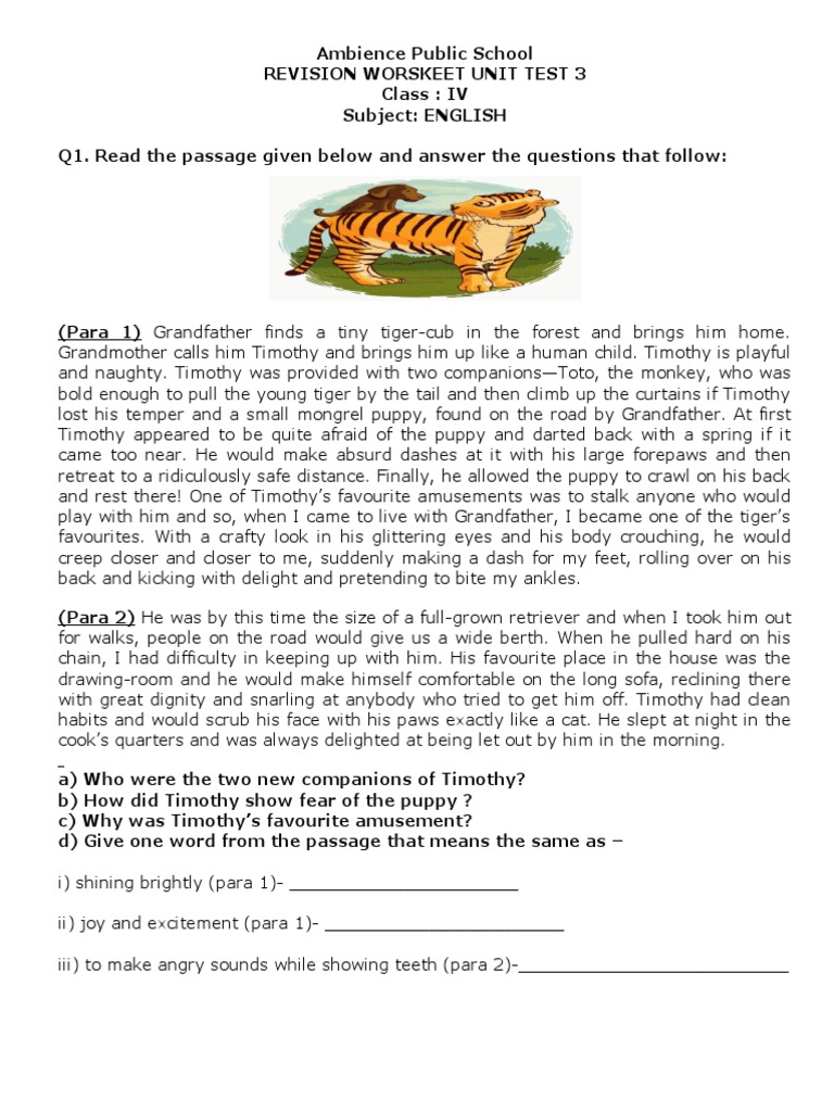 English Revision Worksheet for Class IV | PDF
