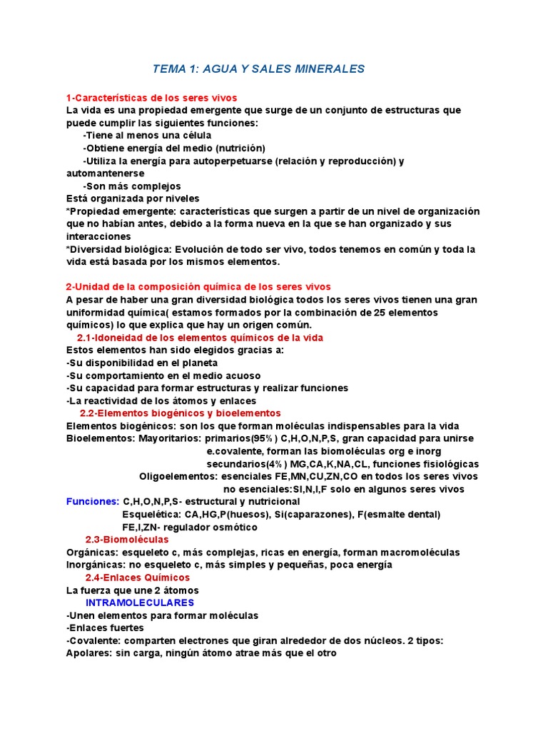 Tema 1 - Agua y Sales Minerales | PDF | Polaridad química | Propiedades del agua