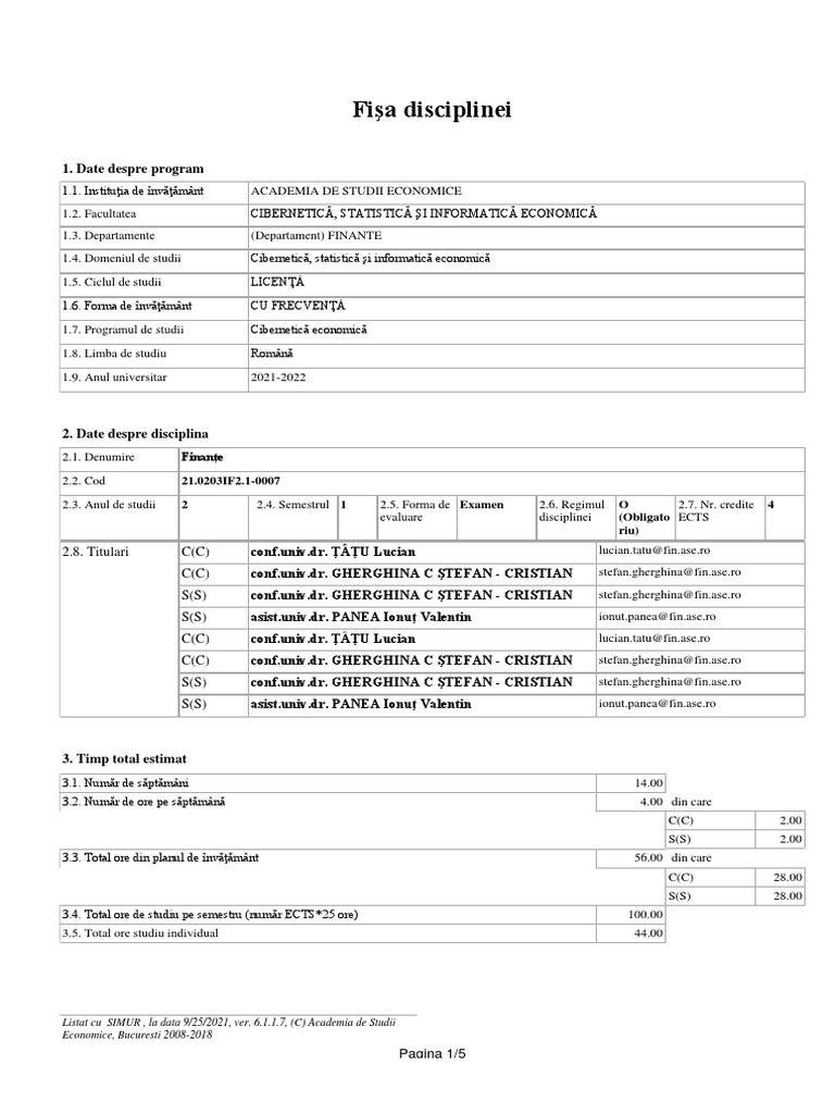 Fișa Disciplinei - Finanțe (2021-2022) | PDF | Business | Companies