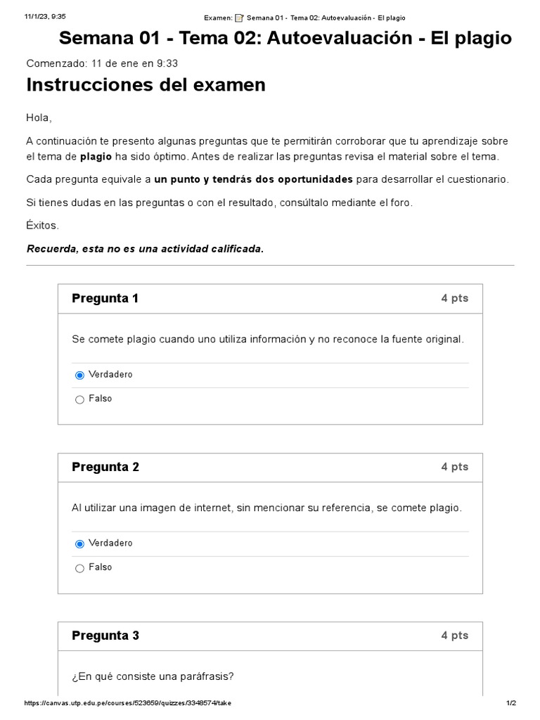 Examen - ? Semana 01 - Tema 02 - Autoevaluación - El Plagio | PDF | Plagio | Cognición