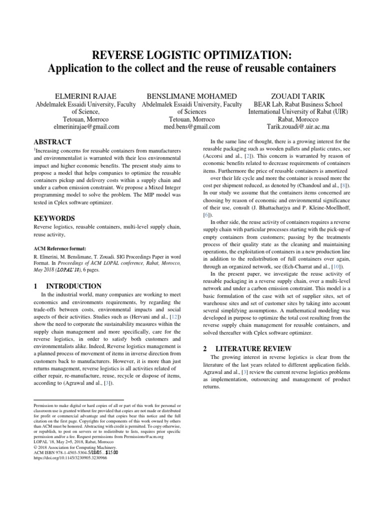REVERSE LOGISTIC OPTIMIZATION Application To The Collect and The Reuse of Reusable Containers ...