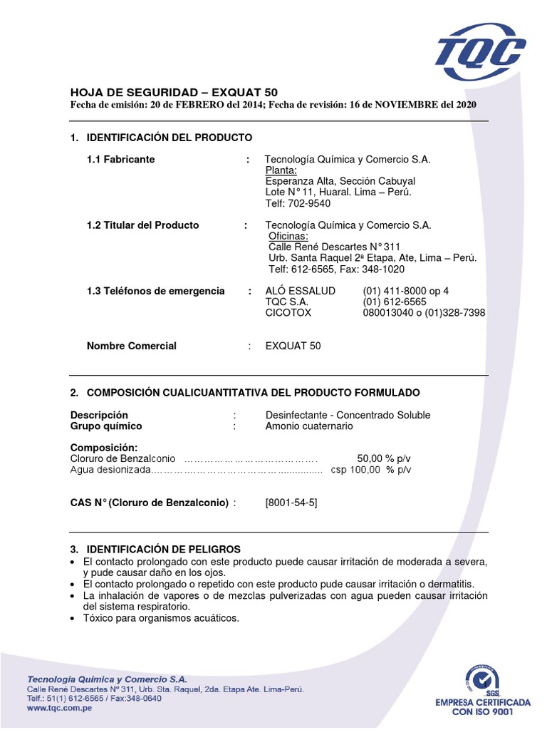 EXQUAT 50 - Hoja de Seguridad MSDS | PDF | Agua | Respiración