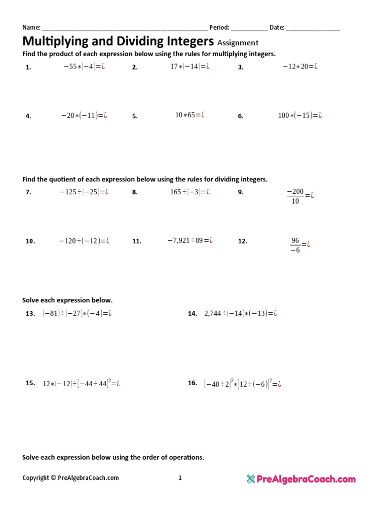 1 11 Assignment Multiplying and Dividing Integers | PDF | Abstract ...