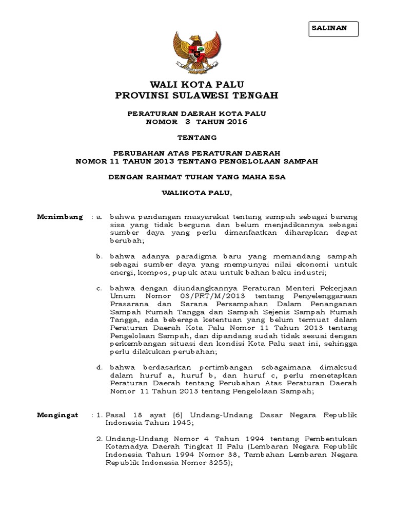 Perubahan Perda Pengelolaan Sampah Palu | PDF