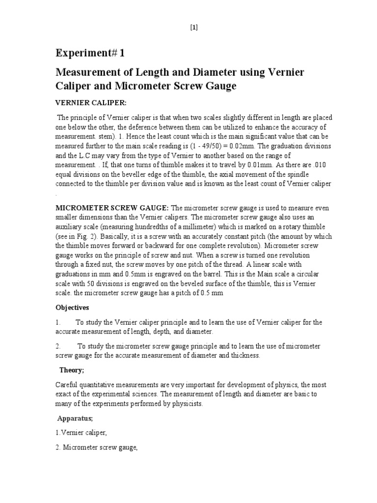 Experiment# 1 Measurement of Length and Diameter Using Vernier Caliper ...
