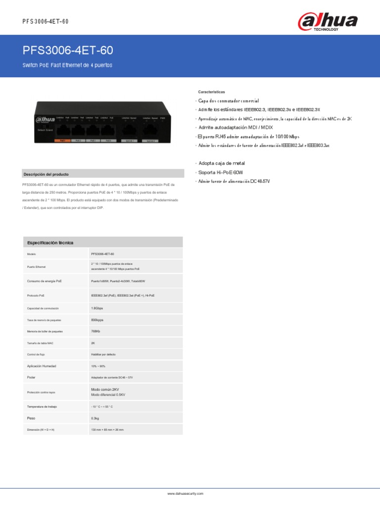 Dahua PFS3006 4ET 60 Switch PoE Ficha Tecnica Español | PDF ...