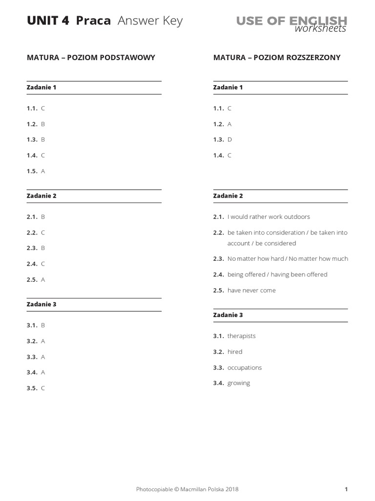 Use of English Unit 04 Praca Klucz | PDF