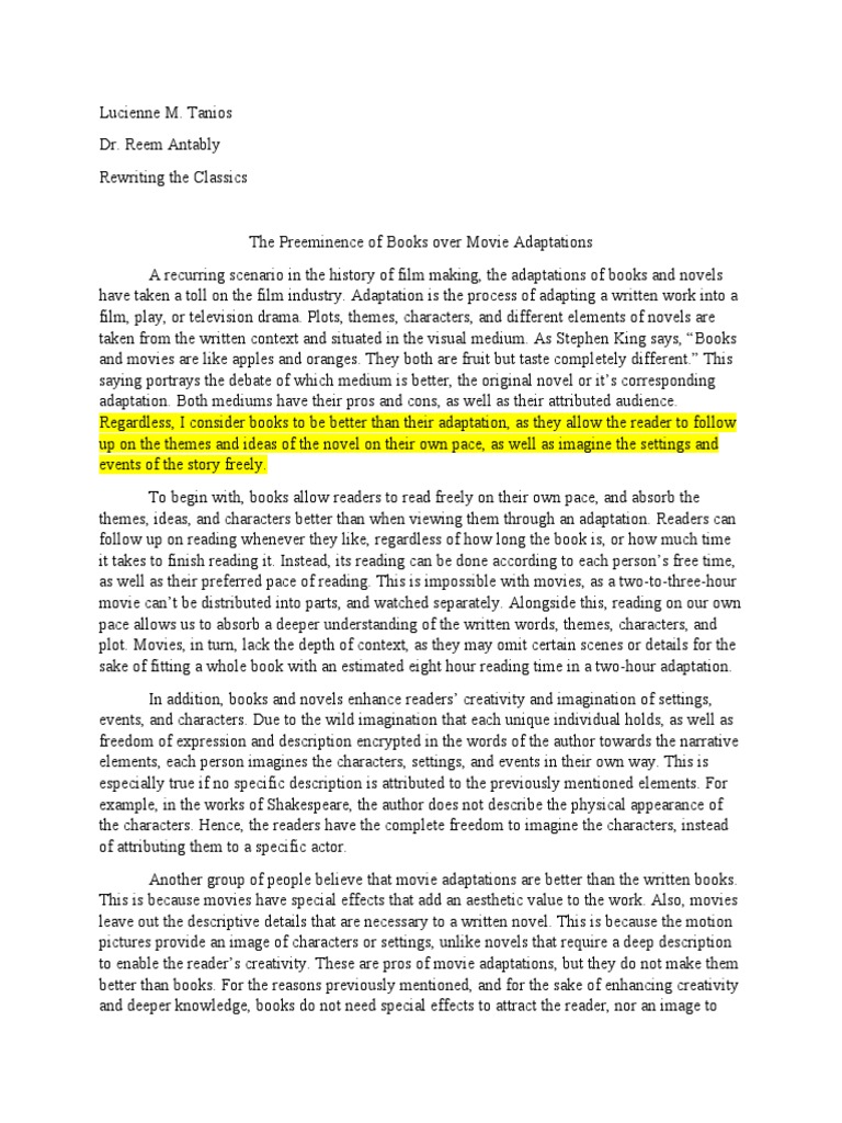 Rewriting The Classics Argumentative Essay by Lucienne Tanios | PDF | Creativity | Novels