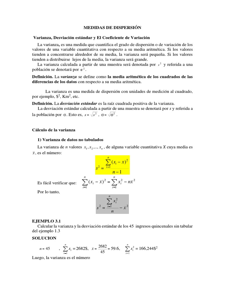 SESIÓN 09, MEDIDAS DE DISPERSIÓN (Varianza, Desv. Estádar y Coeficiente de Variación) | PDF ...