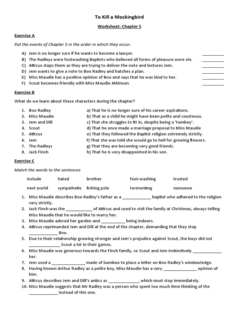 TKAMChapter Five Worksheet | Download Free PDF | To Kill A Mockingbird