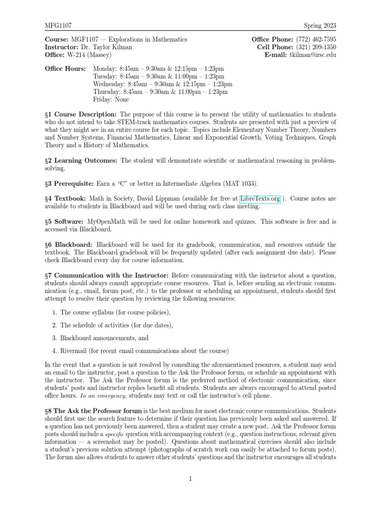 mgf1107 20232 001 Syllabus | PDF | Academic Dishonesty | Lecture