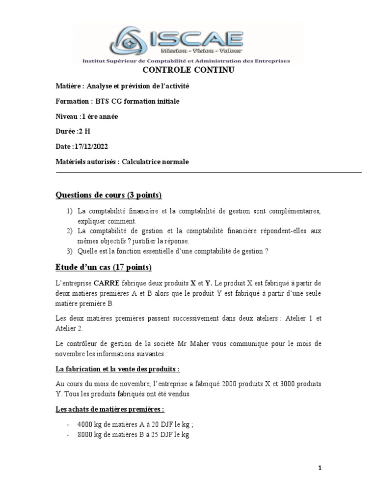 Contrôle continu : Coûts de production BTS CG | PDF | Comptabilité ...