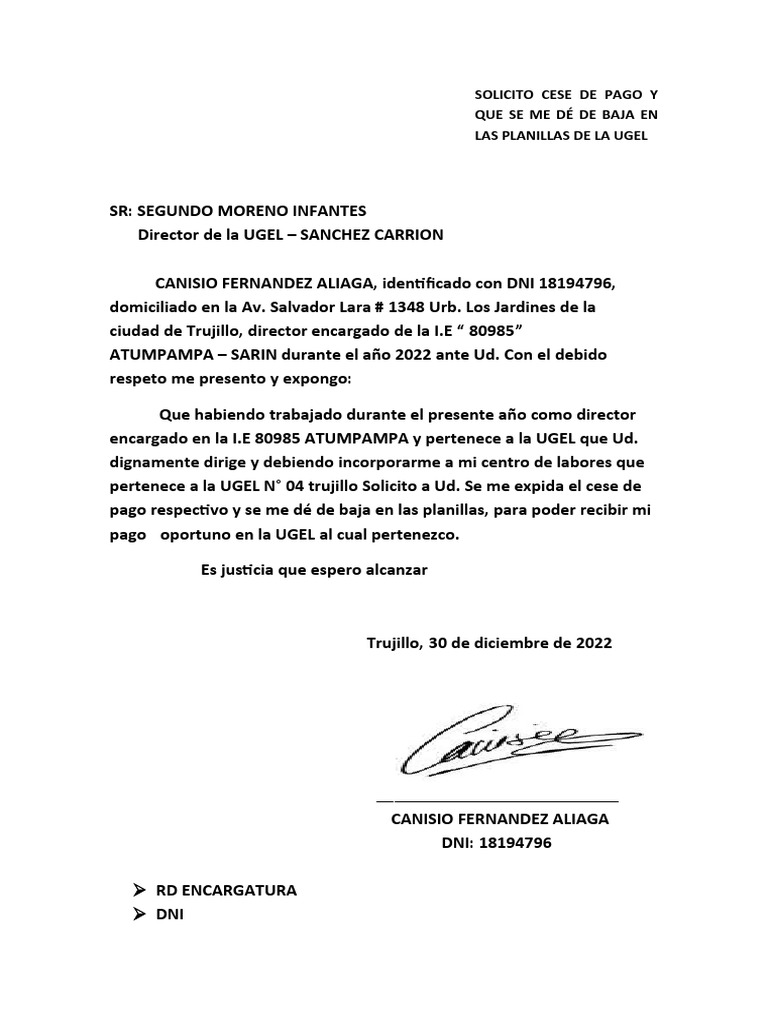 Cese de Pago y Baja en Planillas Canisio Fernandez Aliaga | PDF