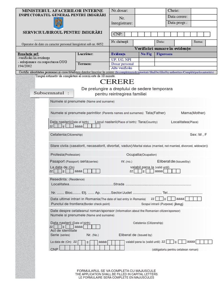 Cerere de Prelungire A Dreptului de Sedere Temporara in Scop de ...
