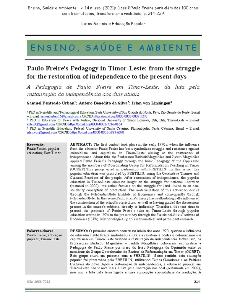 Paulo Freire's Pedagogy in Timor-Leste: From The Struggle For The ...