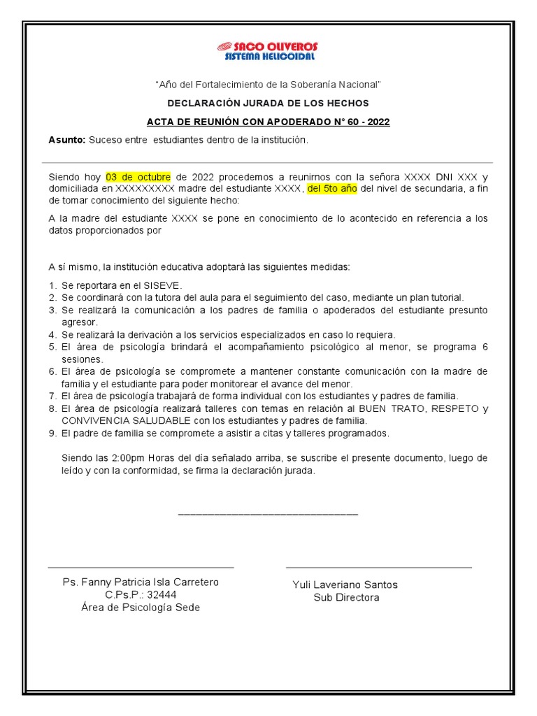 Declaración Jurada de Los Hechos - Acta PPFF | PDF