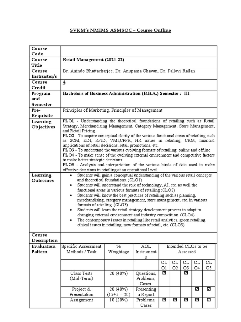 Final Course Outline - Retail Management - PLO Format | PDF | Retail ...