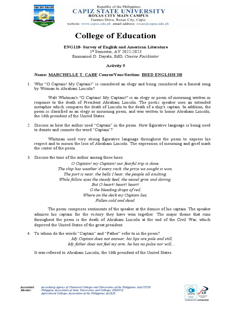 Analysis of Walt Whitman's Elegy "O Captain! My Captain! | PDF | Poetry