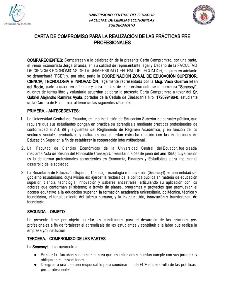 Carta Compromiso Prácticas UCE | PDF | Universidad | Ecuador